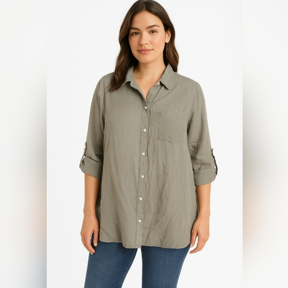 intro. | Tops | Intro Linen Blend Roll Up Sleeve Kakhi Blouse X Button ...